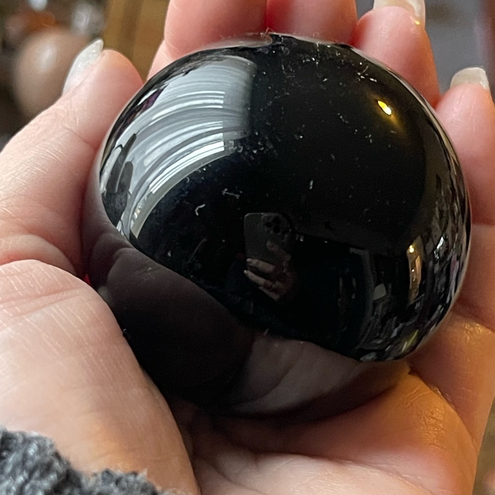 Large Black Obsidian Sphere With Stand - Gem